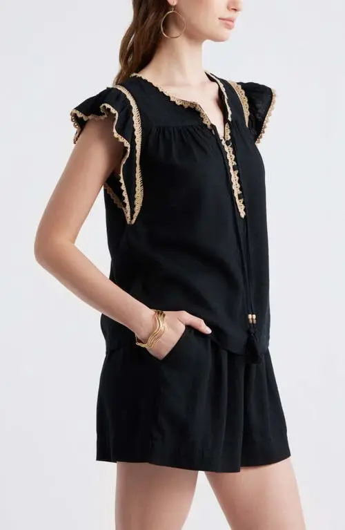 Treasure & Bond Crochet Trim Linen Blend Top - Black