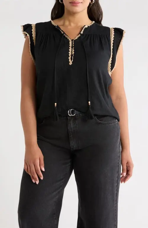 Treasure & Bond Crochet Trim Linen Blend Top - Black