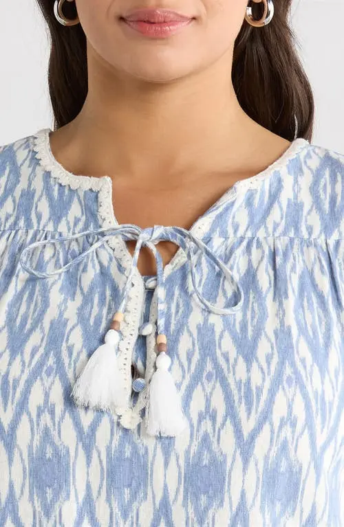 Treasure & Bond Crochet Trim Linen Blend Top - Blue/ivory
