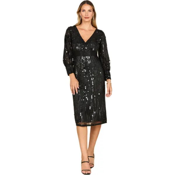 LARA NEW YORK Embellished Beaded A-line Midi Dress - Black