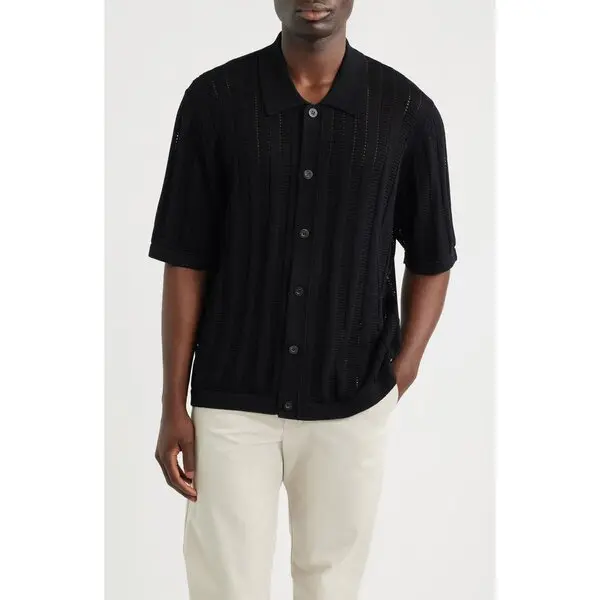 CORRIDOR Pointelle Stripe Organic Cotton Sweater Polo - Black