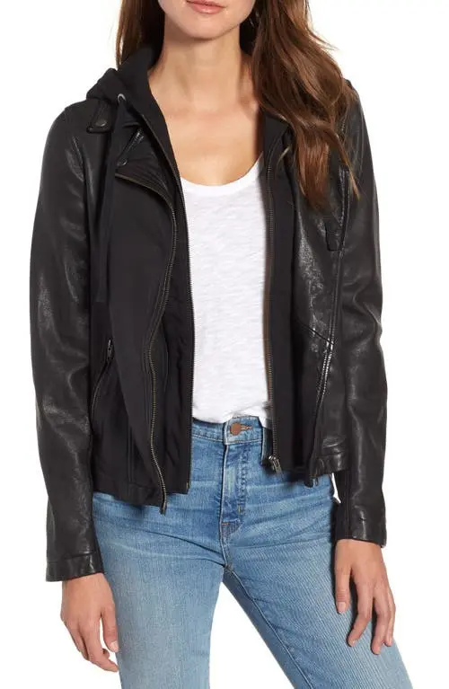 Caslon Leather Moto Jacket With Removable Hood - Black