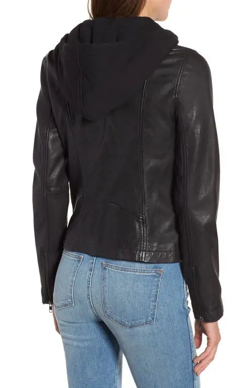 Caslon Leather Moto Jacket With Removable Hood