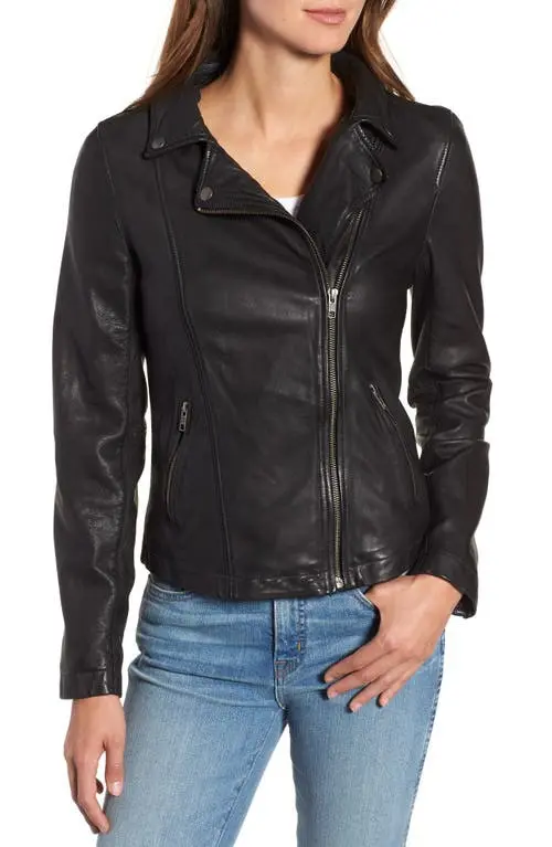 Caslon Leather Moto Jacket With Removable Hood