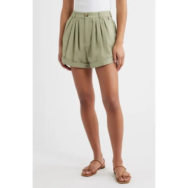 DÔEN Declan Pleated Cotton Shorts - Tea Leaf