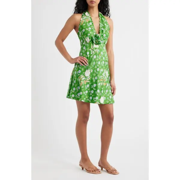 DÔEN Mazarin Floral Silk Blend Halter Minidress - Emerald Hollyhock Hills