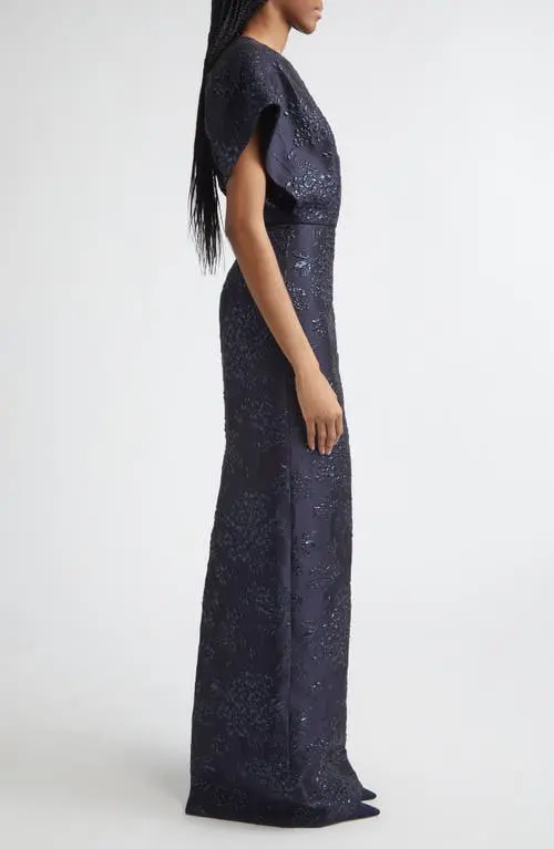 Carolina Herrera Fan Bodice Floral Metallic Jacquard Column Gown