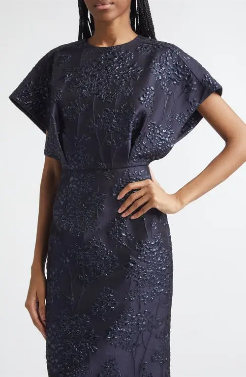 Carolina Herrera Fan Bodice Floral Metallic Jacquard Column Gown