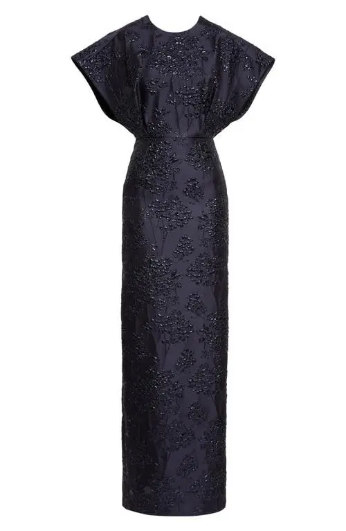 Carolina Herrera Fan Bodice Floral Metallic Jacquard Column Gown