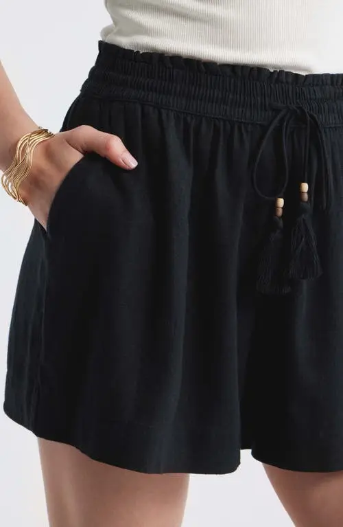 Treasure & Bond Beaded Tassel Linen Blend Shorts - Black