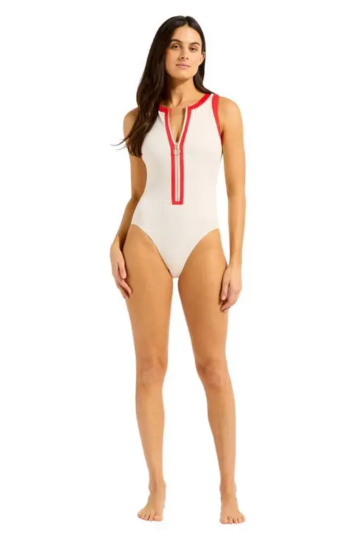 Seafolly Textured Zip Front One-piece Swimsuit