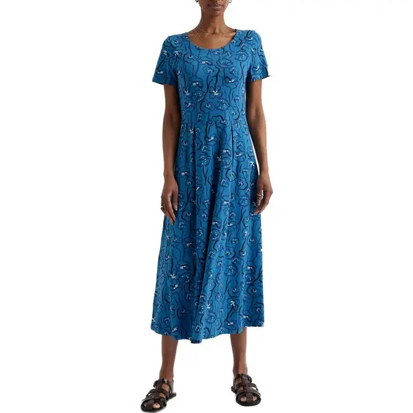 SEASALT CORNWALL Veronica Floral Stretch Organic Cotton Midi Dress - Poppy Stems Sailboats