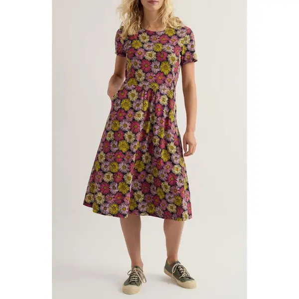 SEASALT CORNWALL April Stretch Organic Cotton Fit & Flare Dress - Painted Asters Maritime