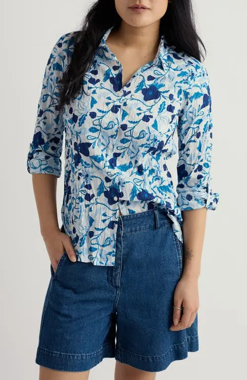 SEASALT CORNWALL Larissa Floral Crinkled Organic Cotton Button-up Shirt - Winding Meadow Blue Fog