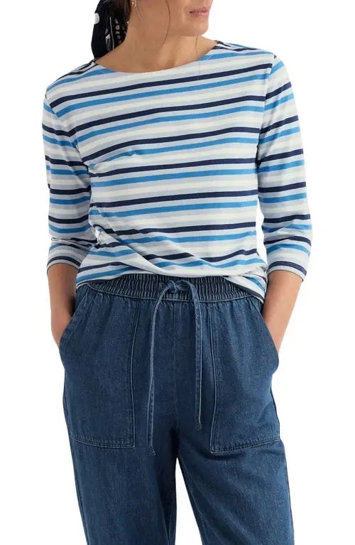 SEASALT CORNWALL Sailor Stripe Three Quarter Sleeve Organic Cotton T-shirt - Tri Mini Cornish Blue Fog