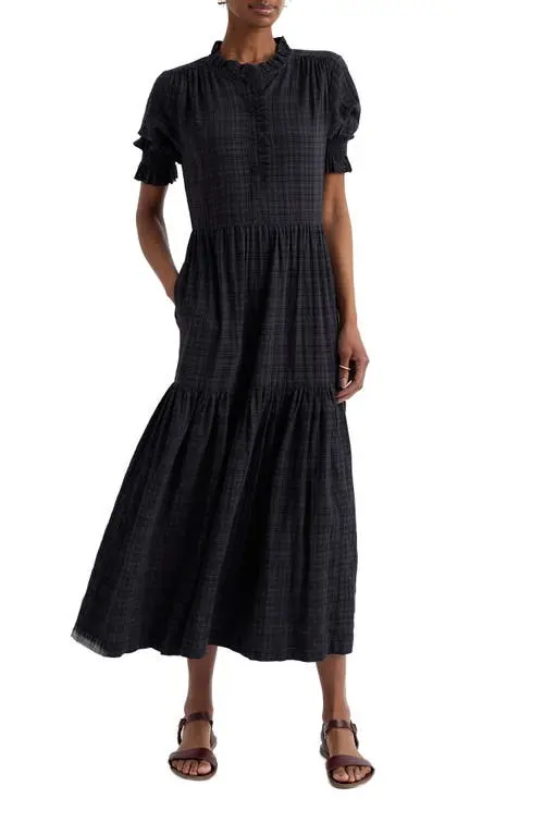 SEASALT CORNWALL Feather Star Puff Sleeve Tiered Organic Cotton Blend Dress - Inkwell