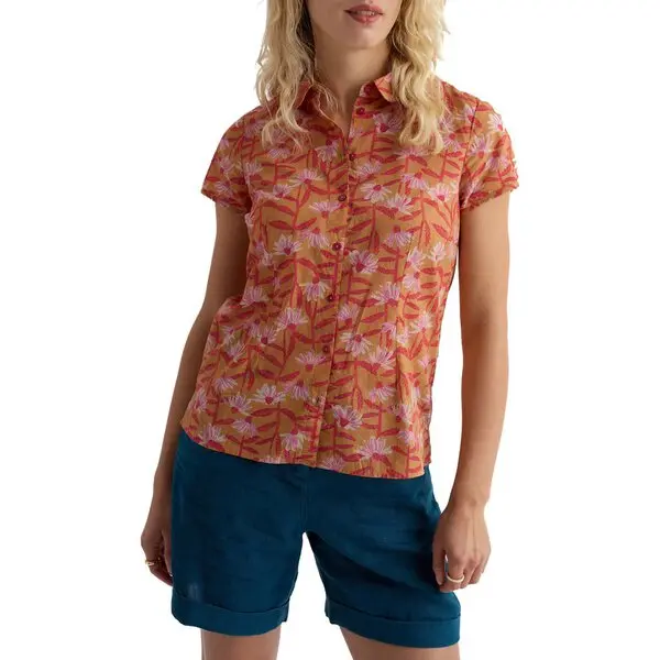 SEASALT CORNWALL Rushmaker Floral Organic Cotton Voile Button-up Shirt - Echinacea Stems Dark Sienna