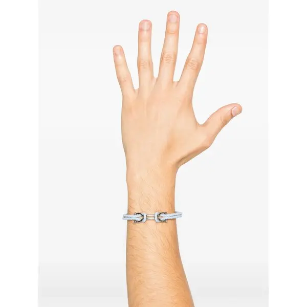 FERRAGAMO Gancini Braided Leather Bracelet - Silver