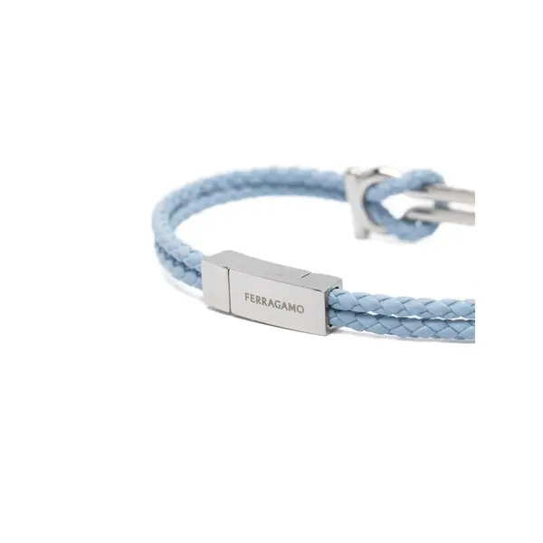 FERRAGAMO Gancini Braided Leather Bracelet - Silver
