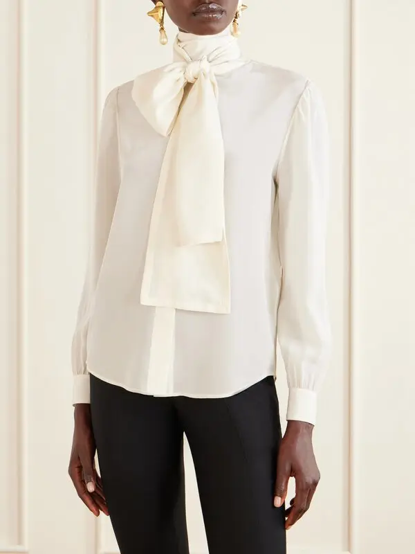 Saint Laurent Tie-detailed Silk Crepe De Chine Blouse - Neutrals