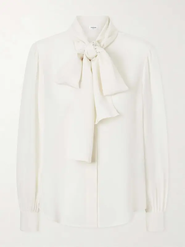 Saint Laurent Tie-detailed Silk Crepe De Chine Blouse - Off-white