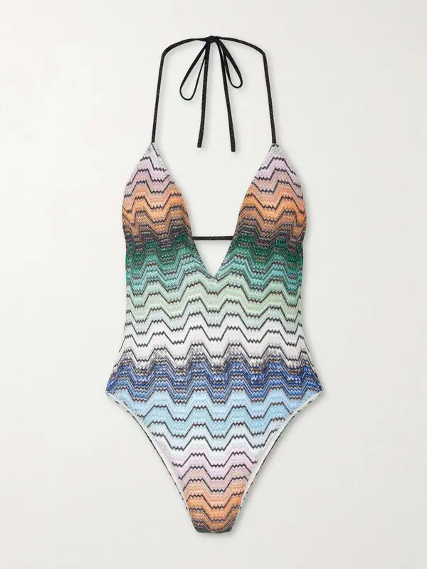 Missoni Mare Striped Crochet-knit Halterneck Swimsuit - Blue