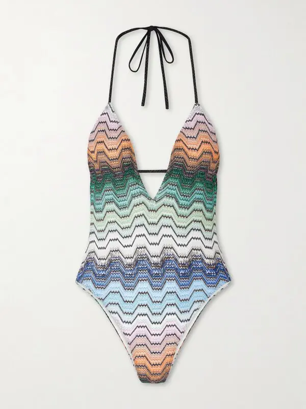 Missoni Striped Crochet-knit Halterneck One-piece Swimsuit - Blue