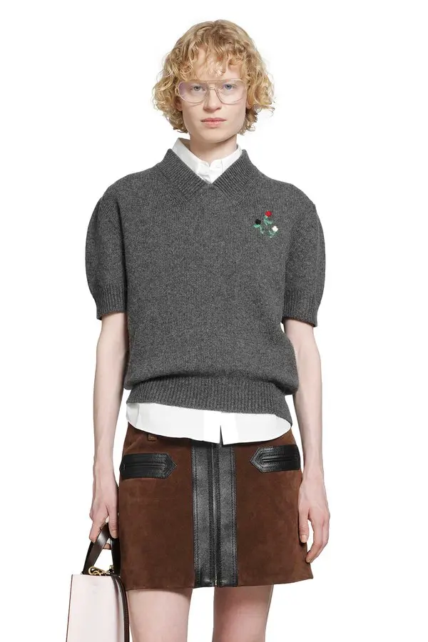 Marni Short Sleeve V-neck Cashmere Sweater - Grey