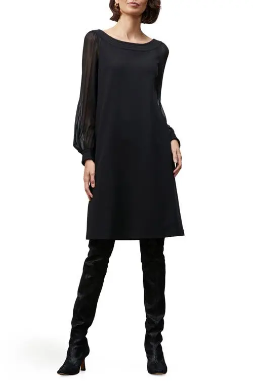 Lafayette 148 New York Linden Sheer Long Sleeve Punto Milano Shift Dress - Black