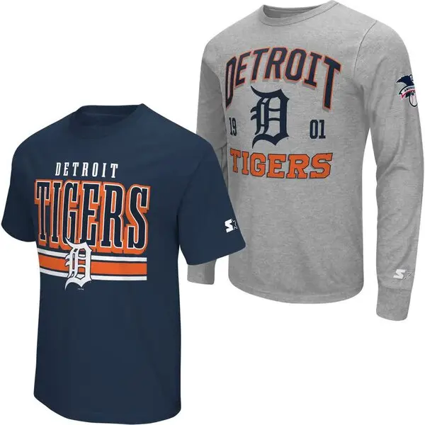 STARTER Heather Gray/ Detroit Tigers Two-pack Long Sleeve & Short Sleeve T-shirt Set - Navy
