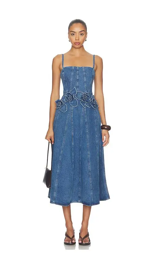 AKNVAS Eryn Midi Denim Dress With 3d Rose Detail - Blue