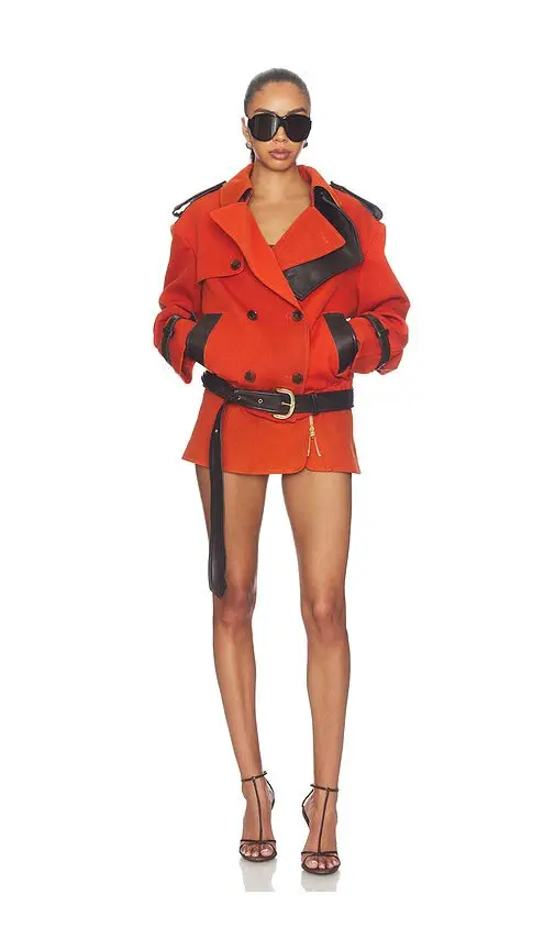 LAQUAN SMITH Double Breasted Cropped Coat With Leather Accents - Orange