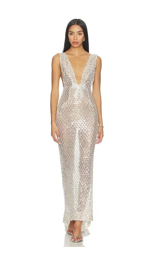 BRONX AND BRONCO Liora Crystal Bridal V-neck Maxi Dress In Metallic - Silver