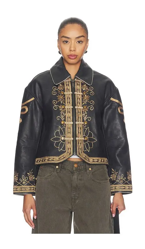 Free People Embroidered Leather Zip-up Jacket