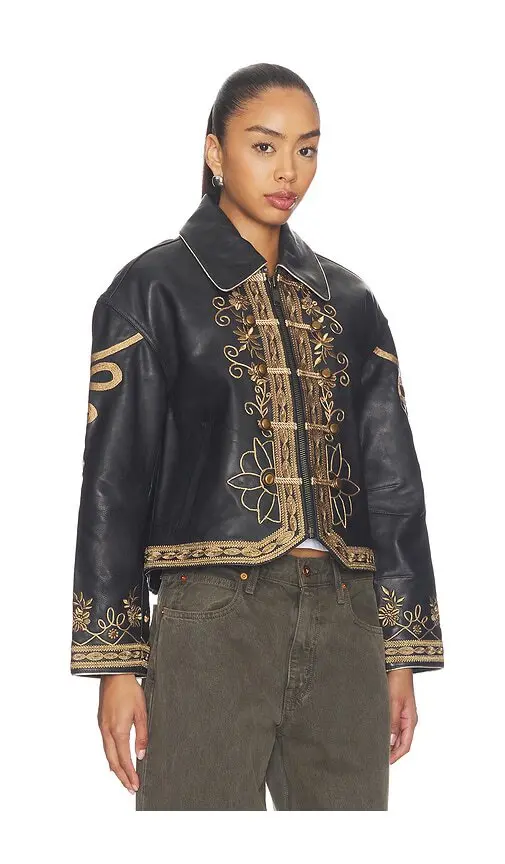 Free People Embroidered Leather Jacket With Zip-up Closure