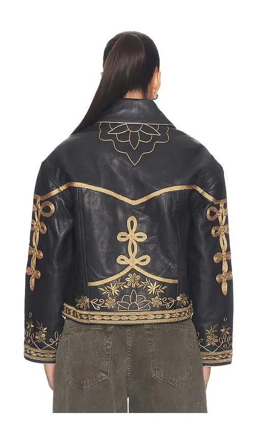 Free People Embroidered Leather Jacket With Zip-up Closure