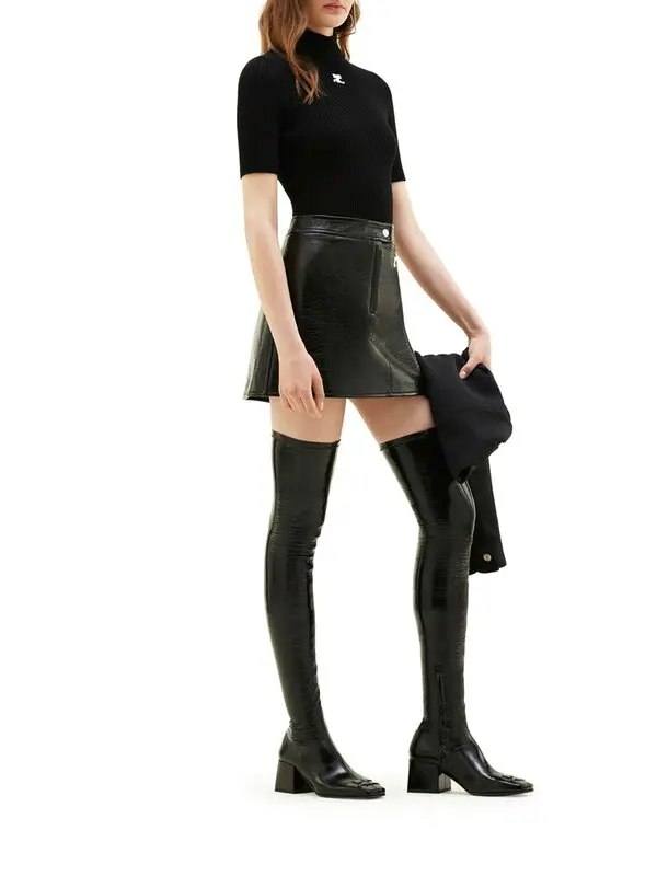 COURREGES Ribbed Knit High Neck Short Sleeve Sweater - Black