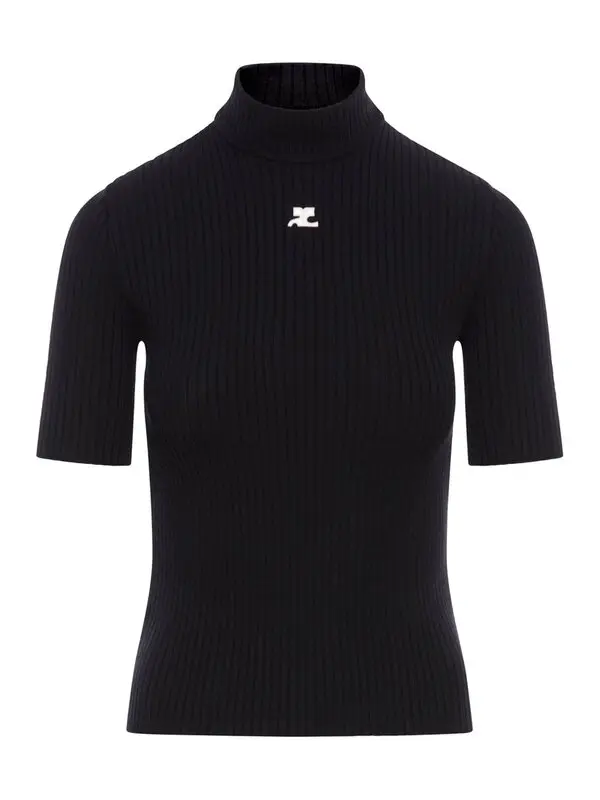 COURREGES Ribbed Knit High Neck Short Sleeve Sweater - Black