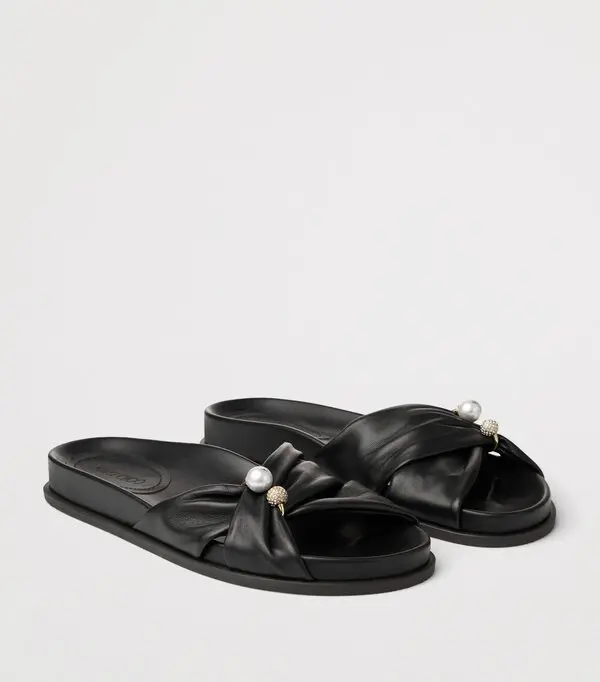 JIMMY CHOO Rafi Leather Flat Sandals With Pearl And Crystal Embellishment - Black