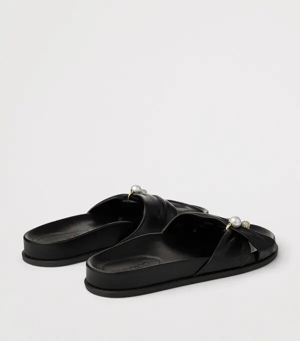 JIMMY CHOO Rafi Leather Flat Sandals With Pearl And Crystal Embellishment - Black