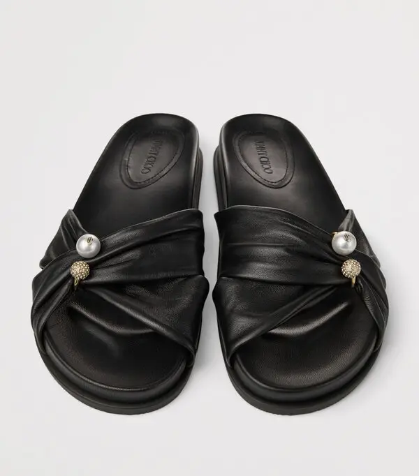 JIMMY CHOO Rafi Leather Flat Sandals With Pearl And Crystal Embellishment - Black