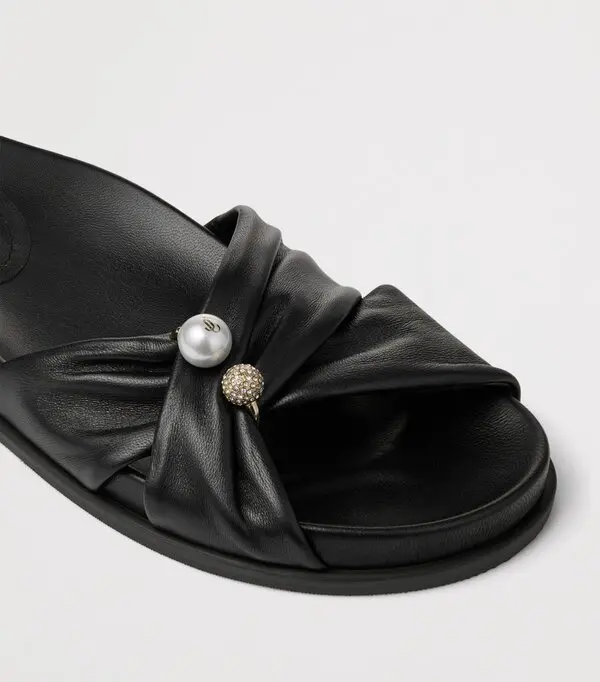 JIMMY CHOO Rafi Leather Flat Sandals With Pearl And Crystal Embellishment - Black