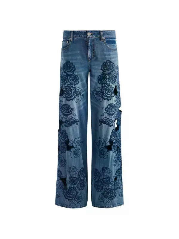 Alice + Olivia Floral Embroidered Cutout Wide Leg Jeans - Blue