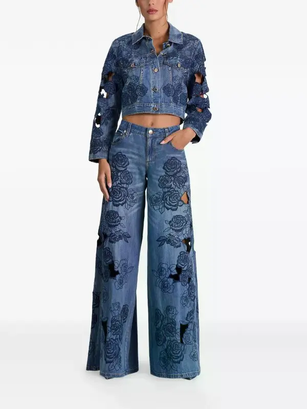 Alice + Olivia Floral Embroidered Cutout Wide Leg Jeans