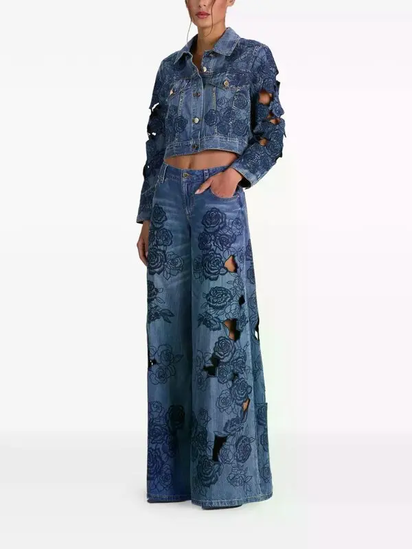 Alice + Olivia Floral Embroidered Cutout Wide Leg Jeans