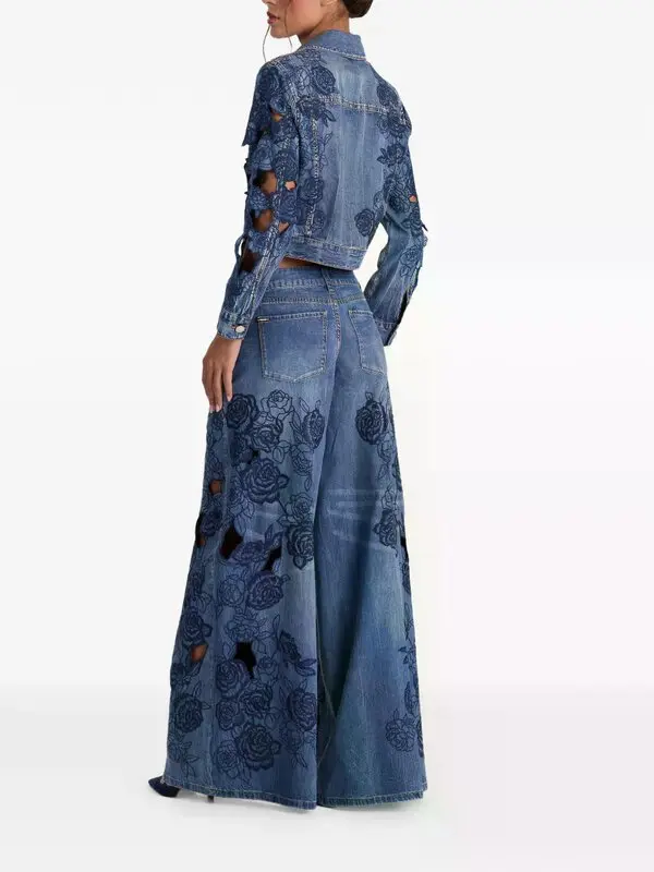 Alice + Olivia Floral Embroidered Cutout Wide Leg Jeans