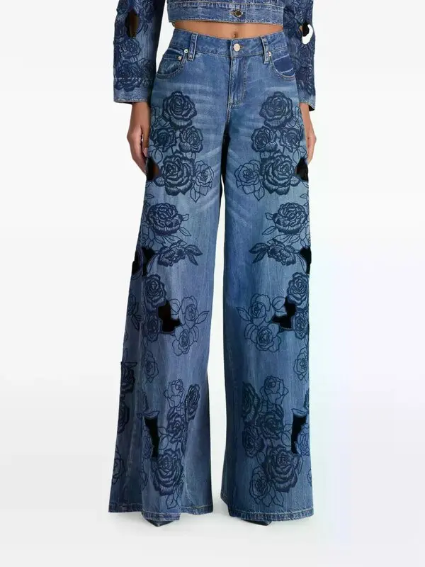 Alice + Olivia Floral Embroidered Cutout Wide Leg Jeans