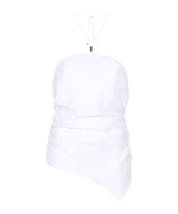 SEMICOUTURE Halter Gathered Top With Asymmetrical Hem And Pleated Details - White
