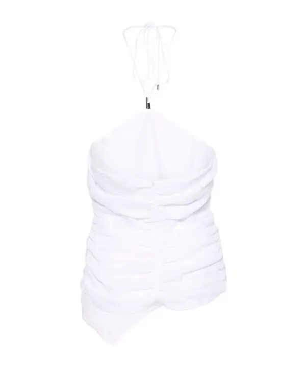 SEMICOUTURE Halter Gathered Top With Asymmetrical Hem And Pleated Details