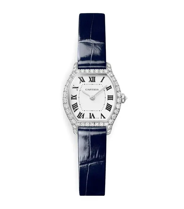 Cartier Tortue Watch With Diamonds In 18k Gold - White